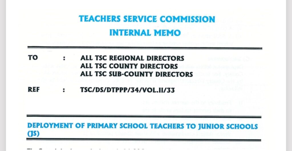New TSC Circular Guide For Deployment Of Primary School Teachers To JSS ...