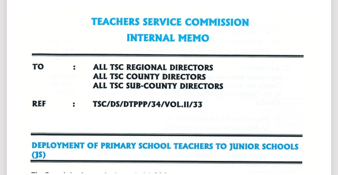 New TSC Circular Guide For Deployment Of Primary School Teachers To JSS ...