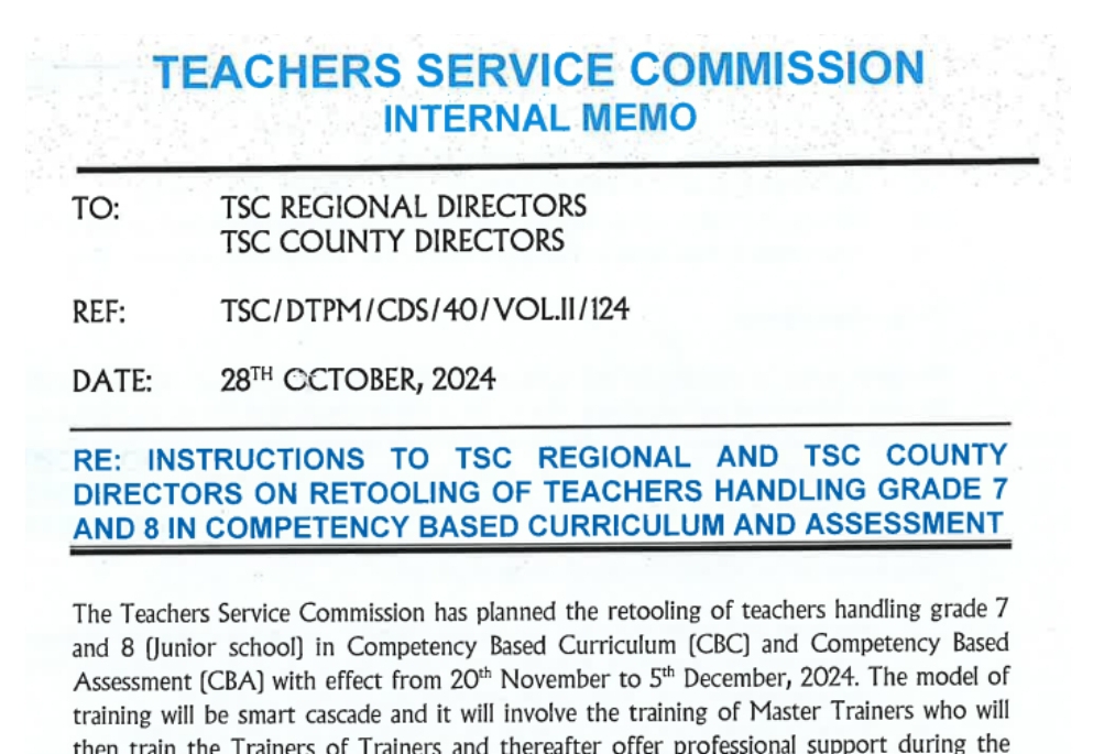 TSC Circular On Retooling Of JSS Teachers Dec. 2024 With New Improved ...