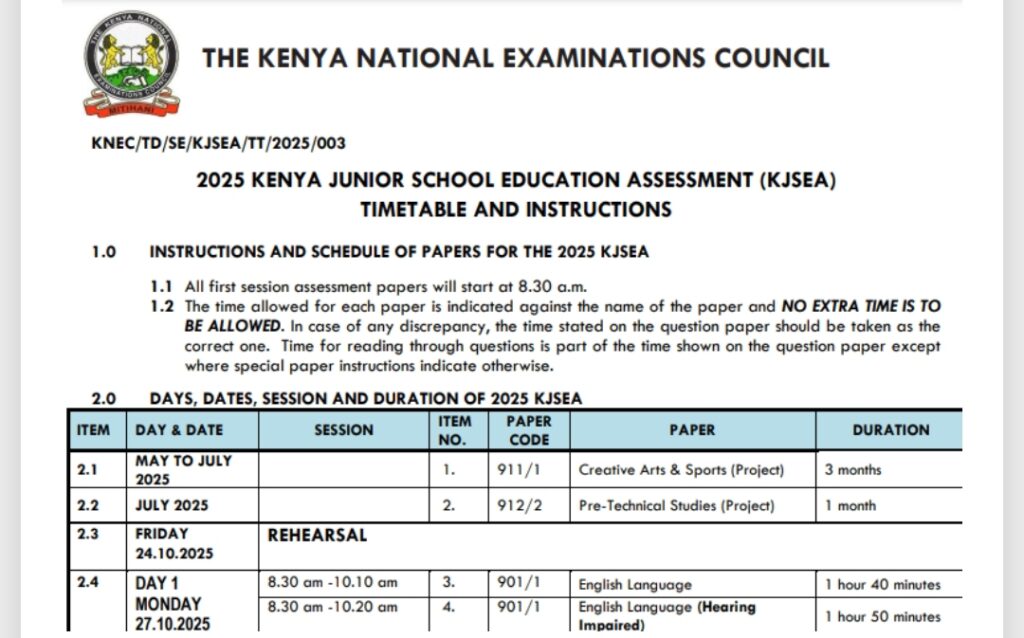 KNEC Official Grade 9 KJSEA 2025 Timetable (Download In Pdf) | Education Board