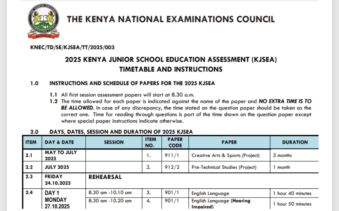 KNEC Official Grade 9 KJSEA 2025 Timetable (Download In Pdf ...
