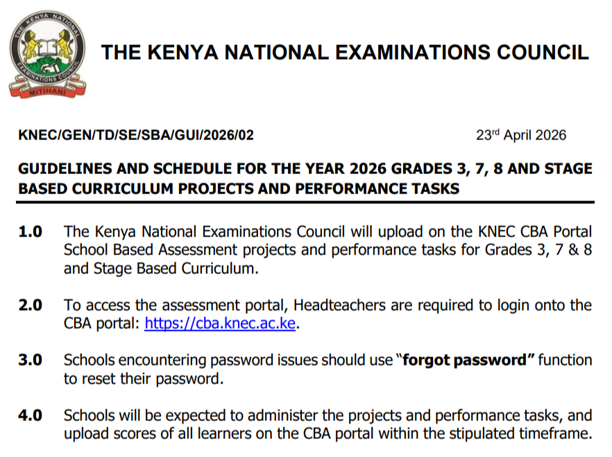 KNEC Circular: Administration Of Grades 3, 7 & 8 Projects By 31st July ...